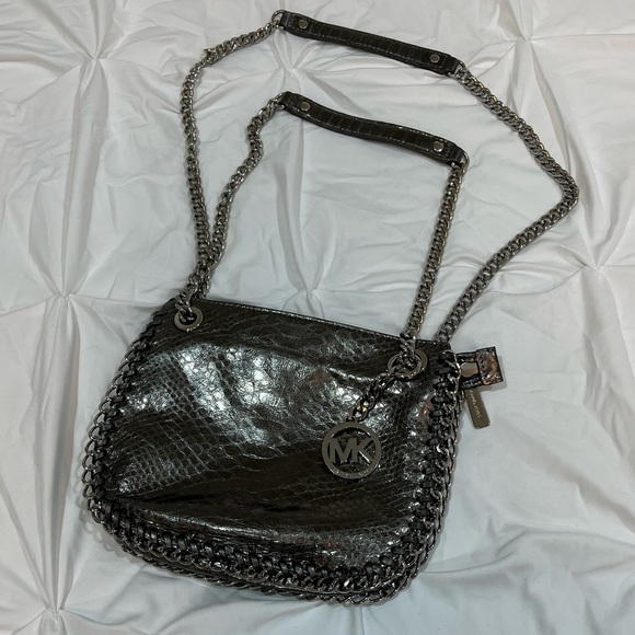 Michael Kors | Bags | Mk Gunmetal Metallic Silver Snakeskin Leather ...